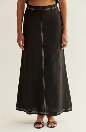 CRESCENT Embroidered Contrast Stitch Linen Maxi Skirt - Black