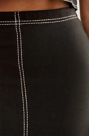 CRESCENT Embroidered Contrast Stitch Linen Maxi Skirt - Black