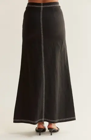 CRESCENT Embroidered Contrast Stitch Linen Maxi Skirt - Black