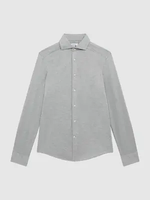 REISS Nate Melange Nate Cutaway Collar Jersey Slim Fit Shirt - Grey
