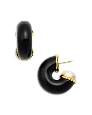 KENNETH JAY LANE Black & Glass Pearl Hoop Earrings - Black/gold