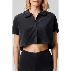 FLORENCE BY MILLS Terry Cloth Crop Snap-up Shirt - Black
