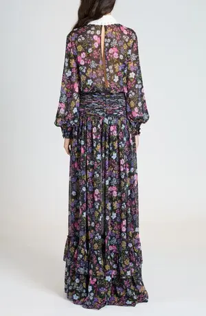 Valentino Garavani Floral Print Long Sleeve Silk Georgette Gown