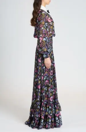 Valentino Garavani Floral Print Long Sleeve Silk Georgette Gown