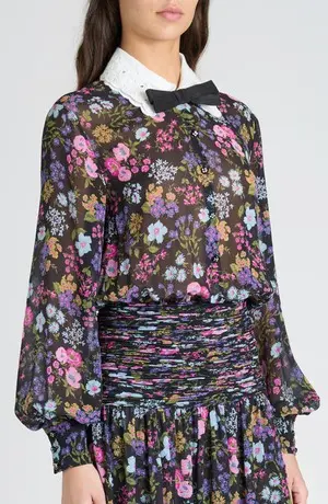 Valentino Garavani Floral Print Long Sleeve Silk Georgette Gown