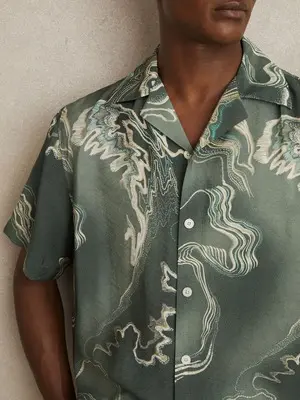 REISS Marble Print Cuban-collar Shirt