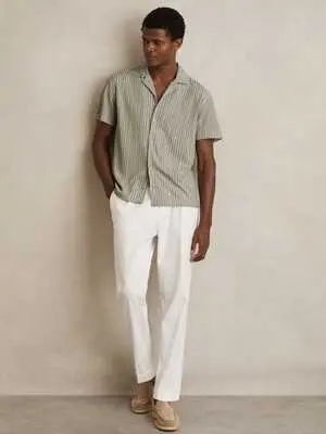 REISS Max Textured Stripe Cuban Collar Shirt - Sage/white