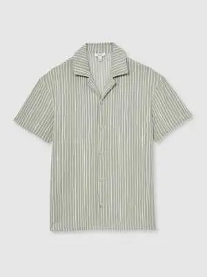 REISS Max Textured Stripe Cuban Collar Shirt - Sage/white