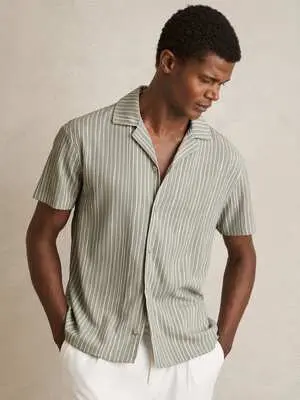 REISS Max Textured Stripe Cuban Collar Shirt - Sage/white