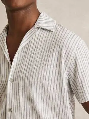 REISS Max Textured Stripe Cuban Collar Shirt - White/soft Blue