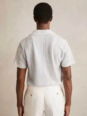 REISS Max Textured Stripe Cuban Collar Shirt - White/soft Blue