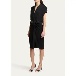Giorgio Armani Gathered Leather Buckle Silk Dress