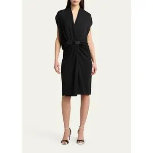 Giorgio Armani Gathered Leather Buckle Silk Dress