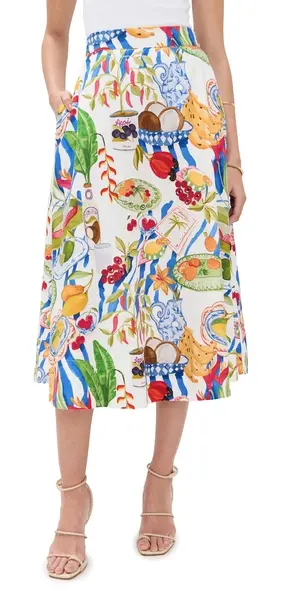Farm Rio Floral And Fruit Print Midi Skirt - Fresh Table Off White