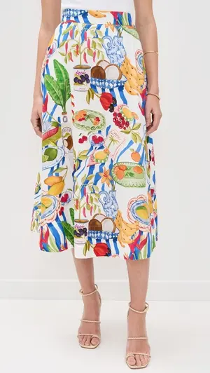 Farm Rio Floral And Fruit Print Midi Skirt - Fresh Table Off White