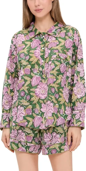 FOLKLOORE Shorts Pajama Set - Purple Flowers Print W/ Green