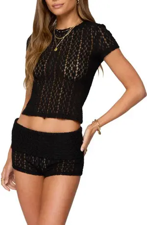 EDIKTED Rye Stretch Lace Sheer T-shirt - Black