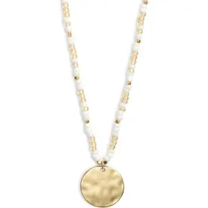 Nordstrom Hammered Coin Pendant Beaded Necklace - Ivory- Gold