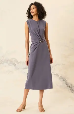 LUXELY Sleeveless Ruched Midi Dress - Graystone