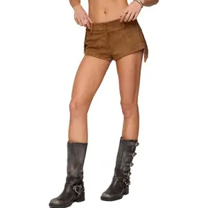EDIKTED Low Rise Faux Suede Microshorts - Brown