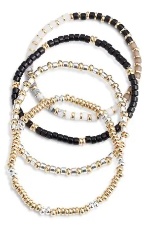Nordstrom Set Of Four Beaded Stretch Bracelets - Black- White- Gold