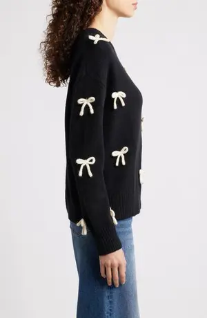 PETAL & PUP Bow Embellished Relaxed Sweater - Black
