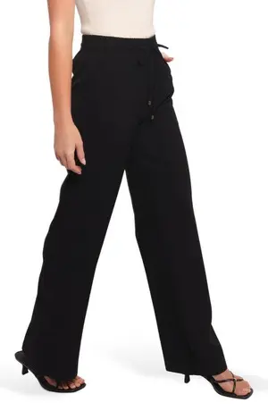 PETAL & PUP Tie Waist Wide Leg Crepe Pants