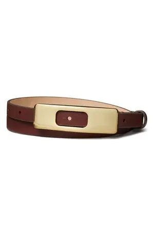 Tory Burch Leather Plate Buckle Belt - Dark Cabernet / Gold