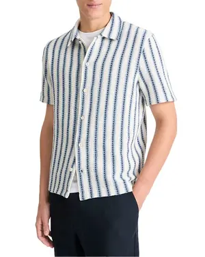 Vince Striped Knit Button Down Shirt - Cabo Blue