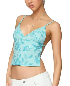 EDIKTED Sequin Floral Backless Top - Turquoise