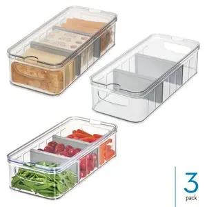 IDESIGN Large Fridge Organizer Bin With Removable Divider And Lidset Of 3clear/