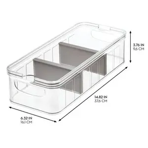 IDESIGN Large Fridge Organizer Bin With Removable Divider And Lidset Of 3clear/