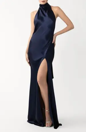 SAU LEE Penelope Satin Gown - Midnight Blue