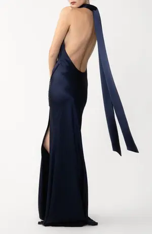 SAU LEE Penelope Satin Gown - Midnight Blue