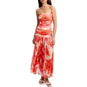Strapless Mesh Drop-Waist Maxi Dresses