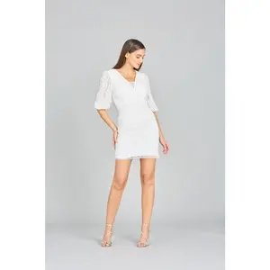 LARA NEW YORK V-neck Beaded Cocktail Dress With Sleeves - Ivory