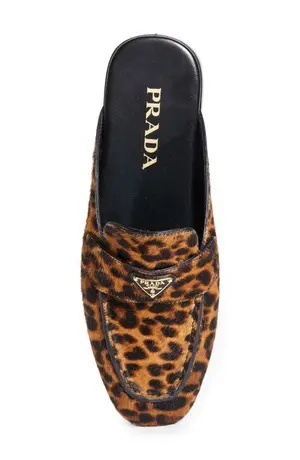 Prada Logo Leopard Print Calf Hair Mule - Miele