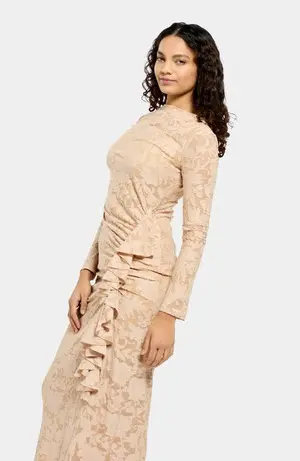 DASKA Jacquard Maxi Dress With Side Frill - Stone
