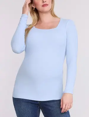 Motherhood Maternity Square Neck Rib Knit Long Sleeve Tee Cashmere Blue
