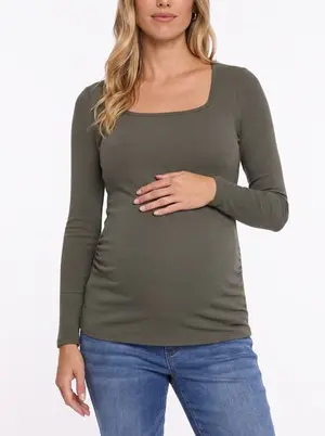 Motherhood Maternity Square Neck Rib Knit Long Sleeve Tee - Deep Depths