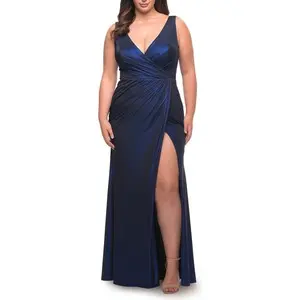 La Femme Metallic Jersey Gown With Slit - Navy
