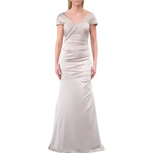 La Femme Ruched Mermaid Satin Gown - Silver