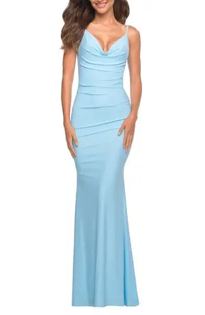 La Femme Jersey Ruched Gown With Draped Neckline - Cloud Blue