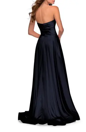 La Femme Strapless Satin Gown With Pleated Bodice And Slit - Navy