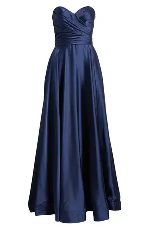 La Femme Strapless Satin Gown With Pleated Bodice And Slit - Navy