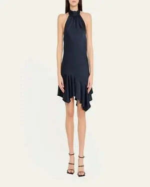 Ramy Brook Nari Asymmetric Flounce Halter Mini Dress - Navy