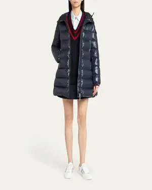 Moncler Courcelles Long Hooded Down Puffer Coat - Navy