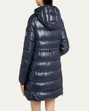Moncler Courcelles Long Hooded Down Puffer Coat - Navy