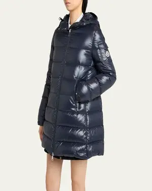 Moncler Courcelles Long Hooded Down Puffer Coat - Navy