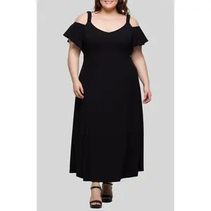 24SEVEN COMFORT APPAREL Cold Shoulder Jersey Maxi Dress - Black